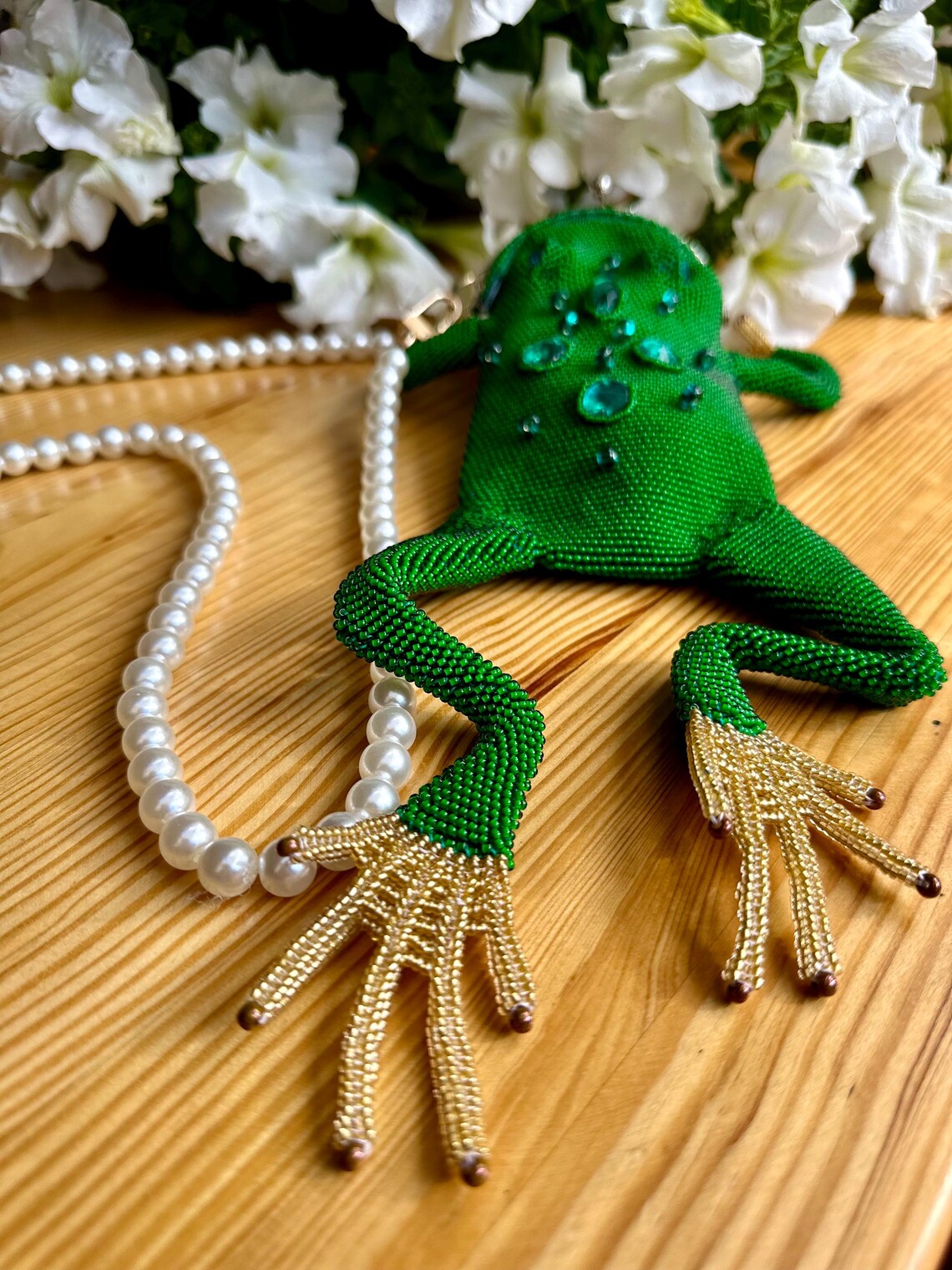 Knitted Beaded Keychain Braided Green Natural Beaded Big Frog Crochet ...