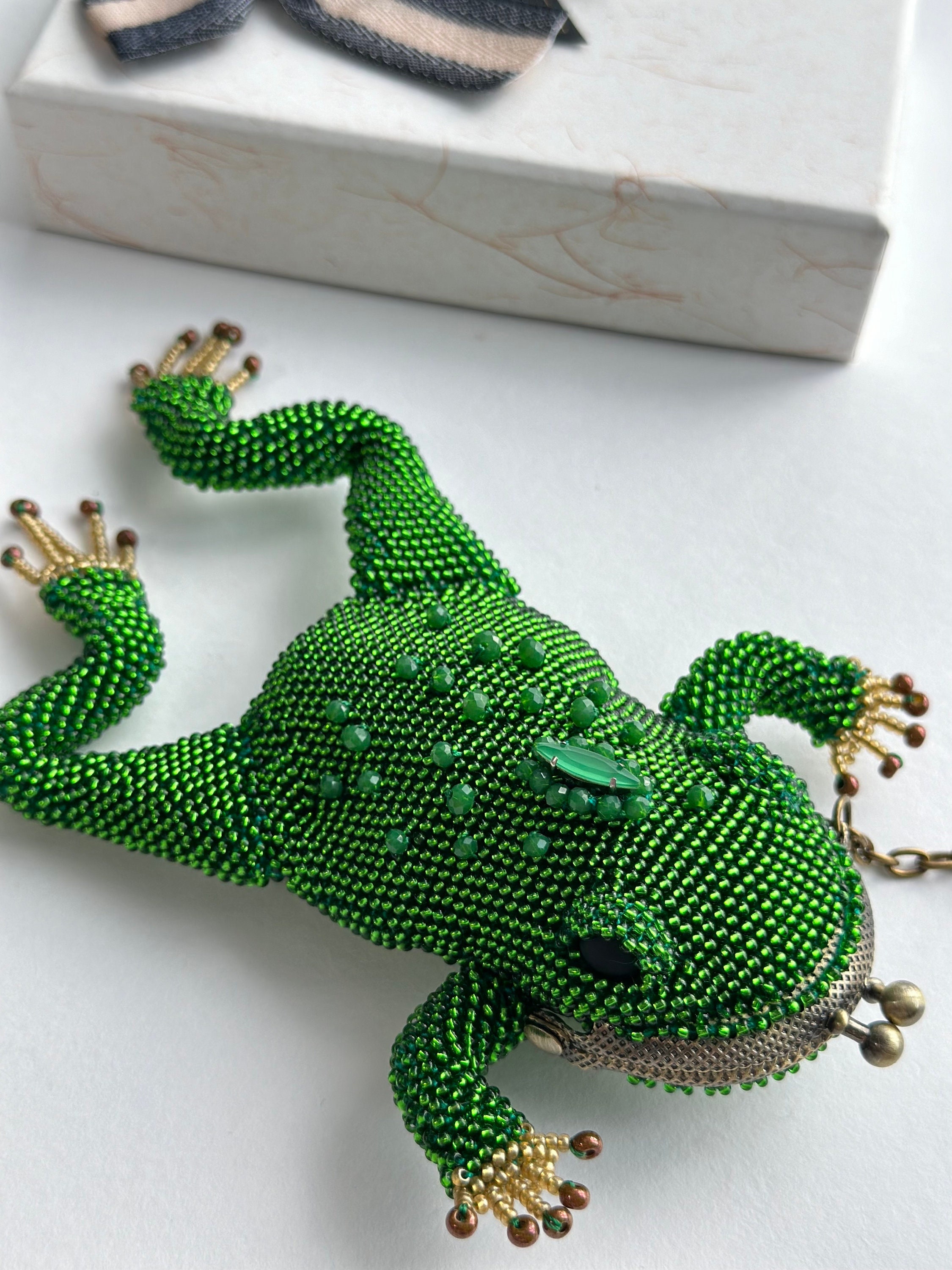 Knitted Beaded Keychain Braided Green Stone Black Eyes Natural Beaded ...