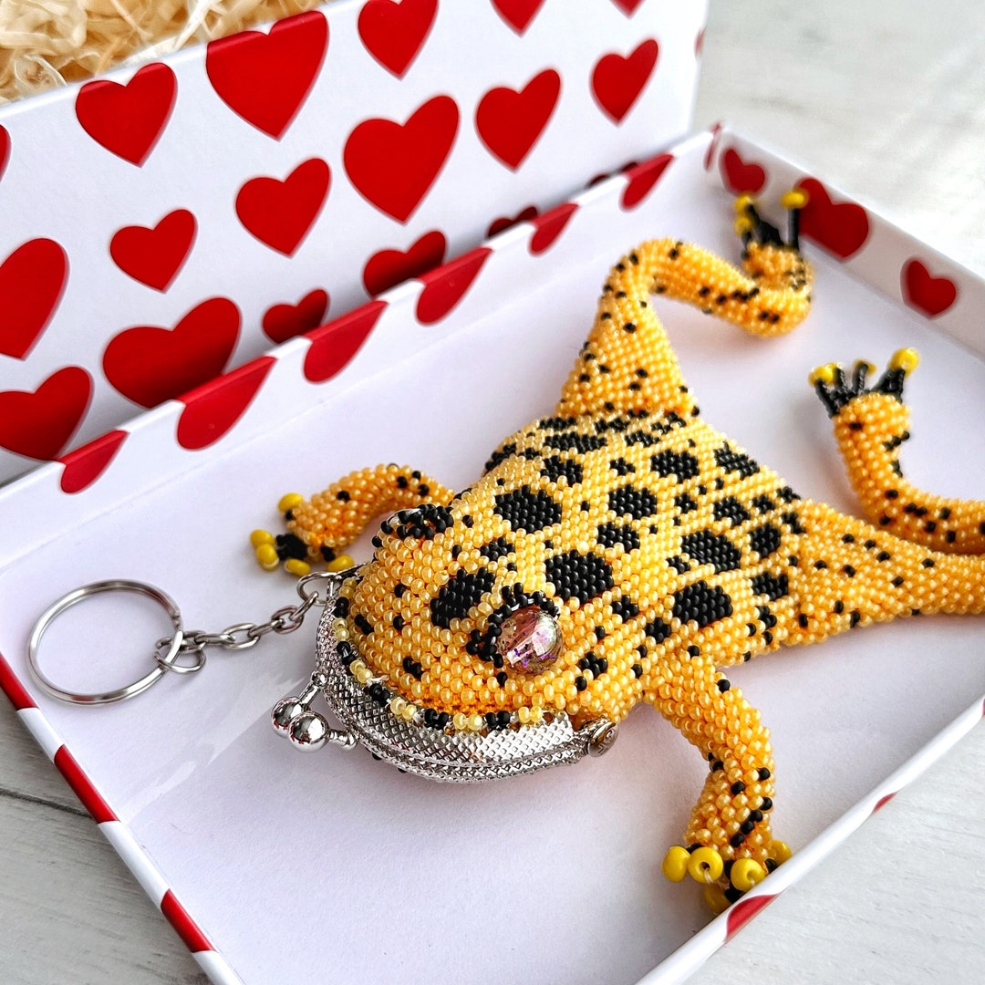 Yellow Black Crochet Beaded Keychain Braided Frog Cute Souvenir Key ...