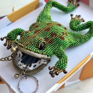 Knitted Beaded Keychain Braided Green Brown Purple Natural Beaded Frog ...