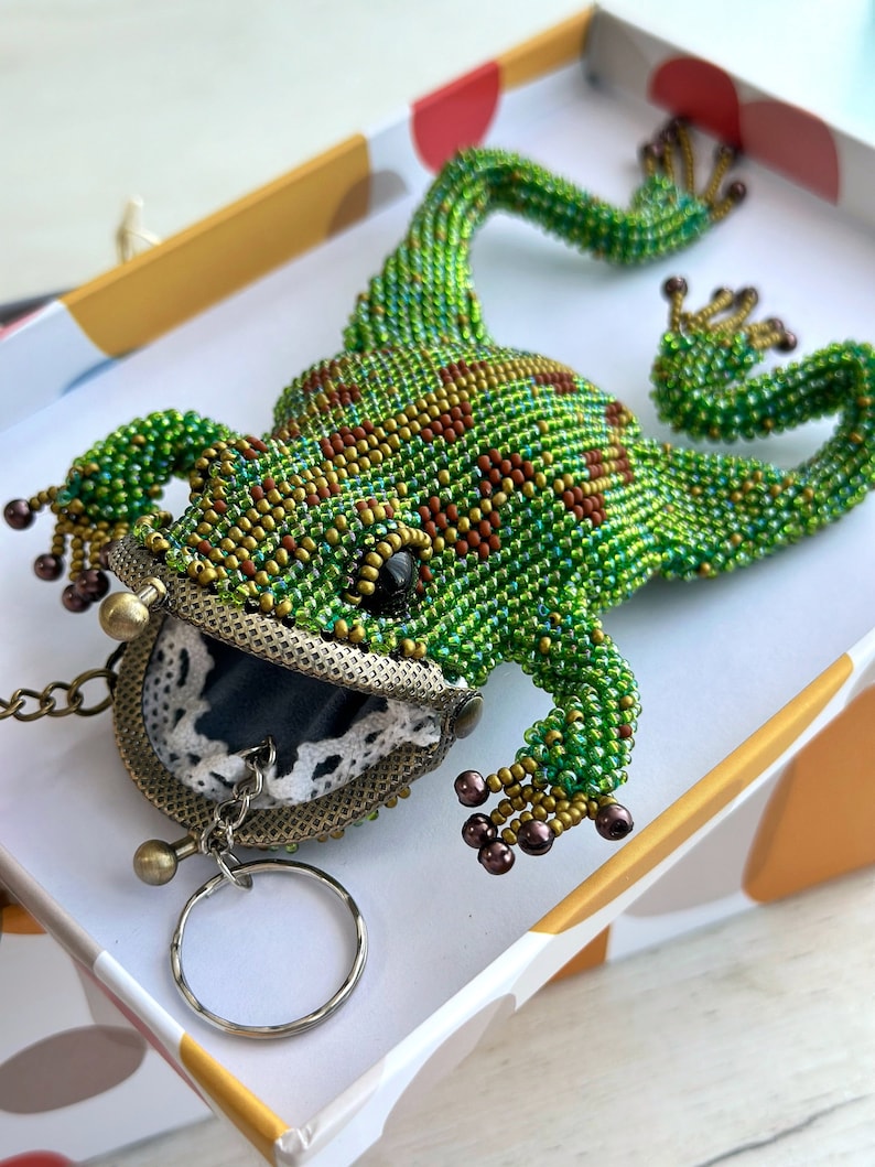 Knitted Beaded Keychain Braided Green Brown Purple Natural Beaded Frog ...