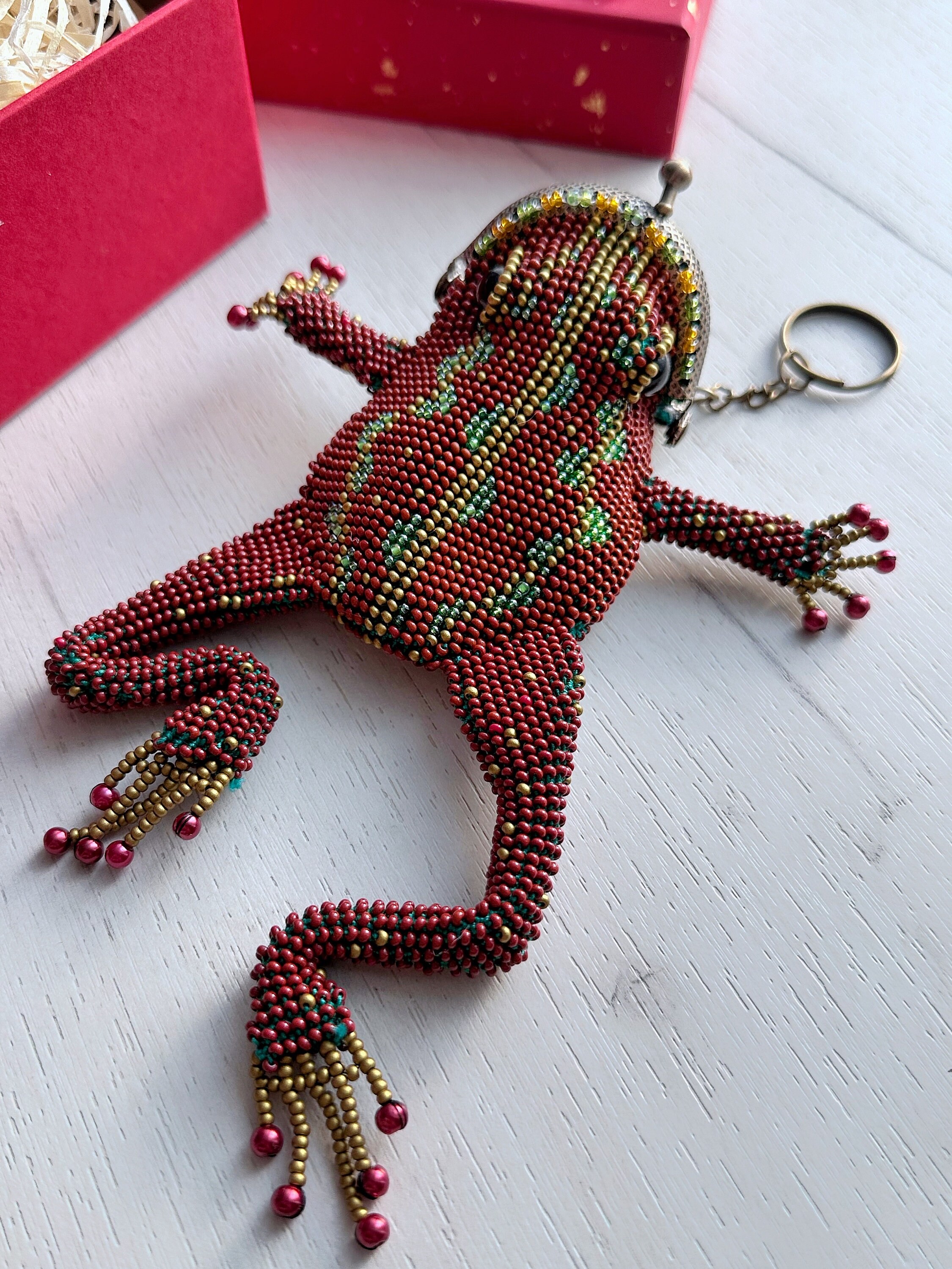 Knitted Beaded Keychain Braided Green Brown Purple Natural Beaded Frog ...