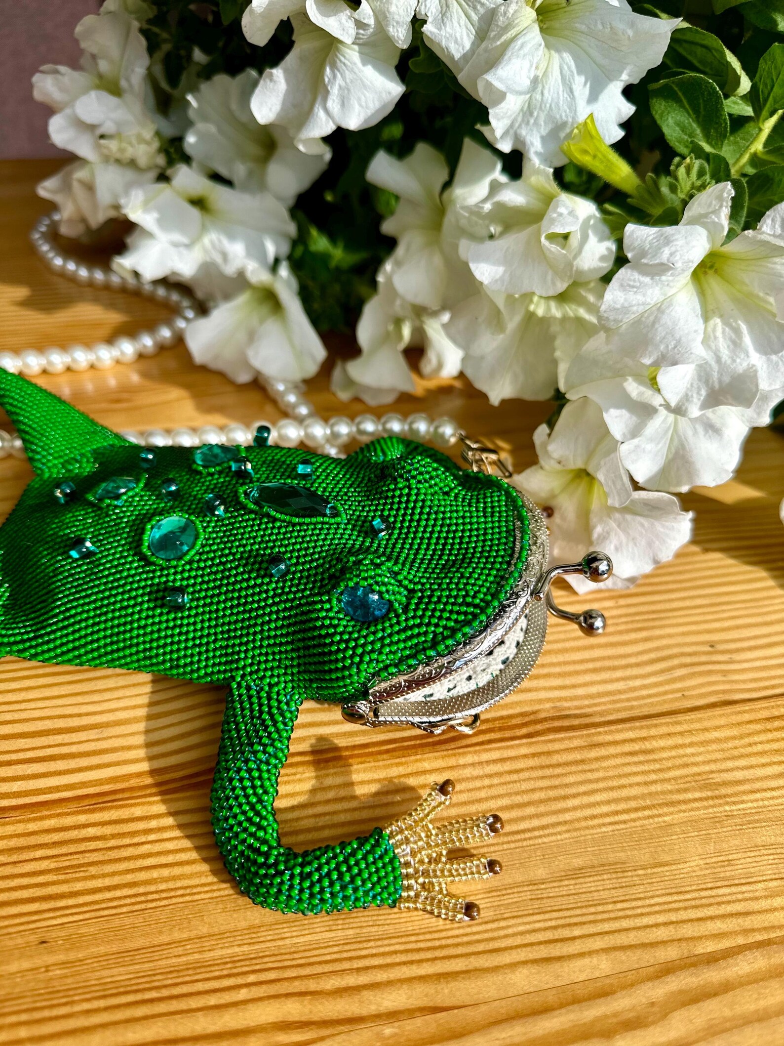 Knitted Beaded Keychain Braided Green Natural Beaded Big Frog Crochet ...