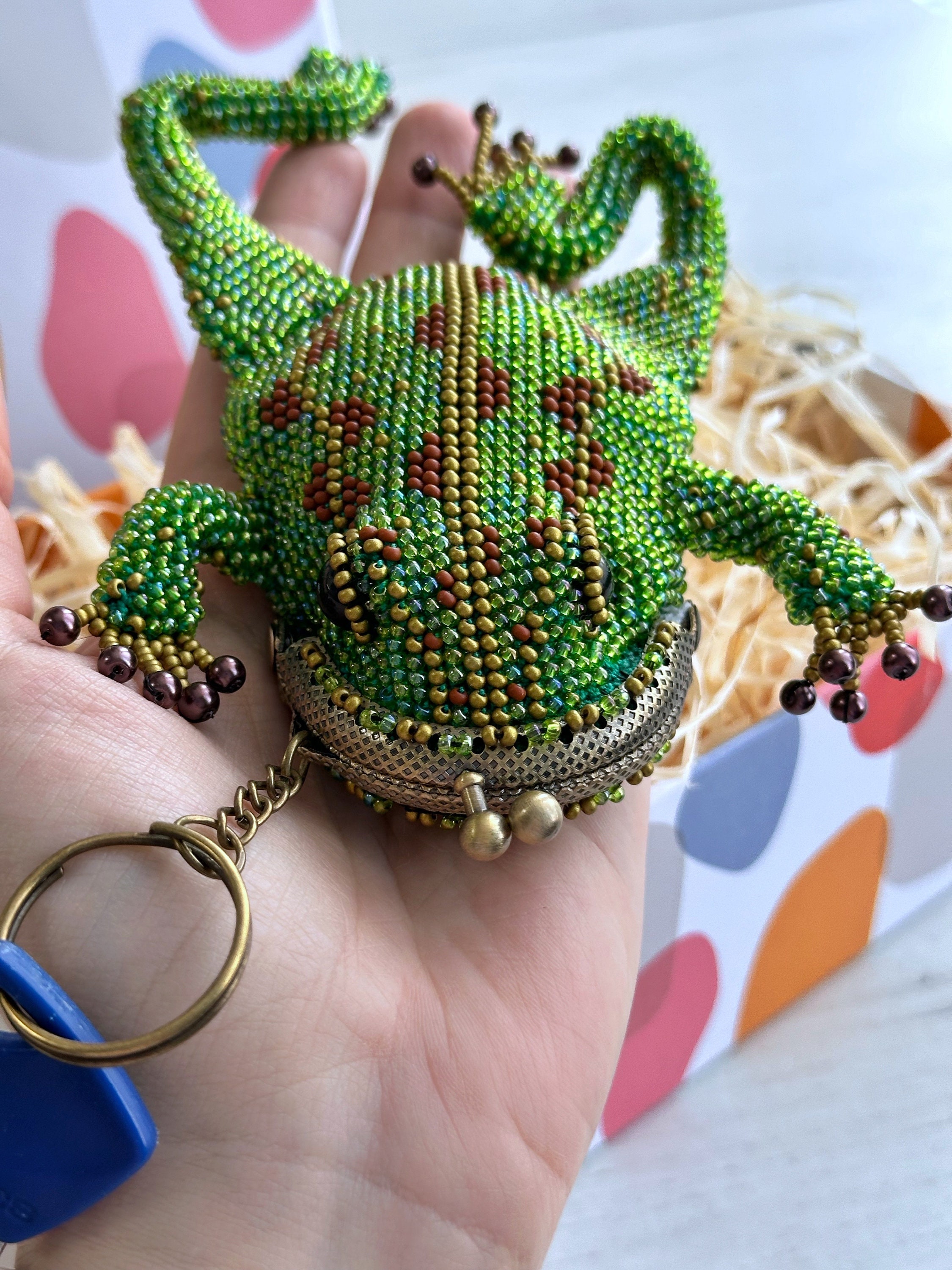 Knitted Beaded Keychain Braided Green Brown Natural Beaded Frog Cute ...