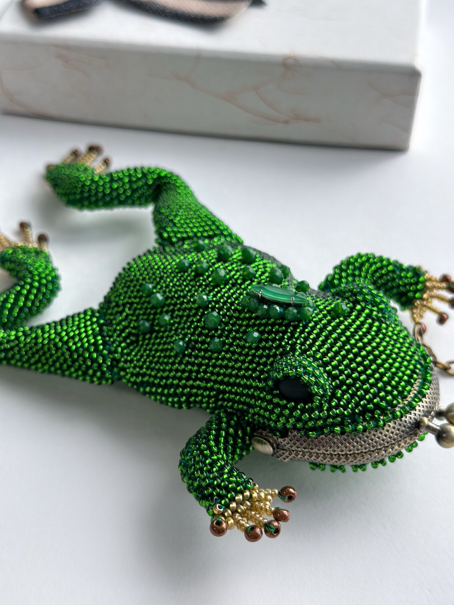 Knitted Beaded Keychain Braided Green Stone Black Eyes Natural Beaded ...