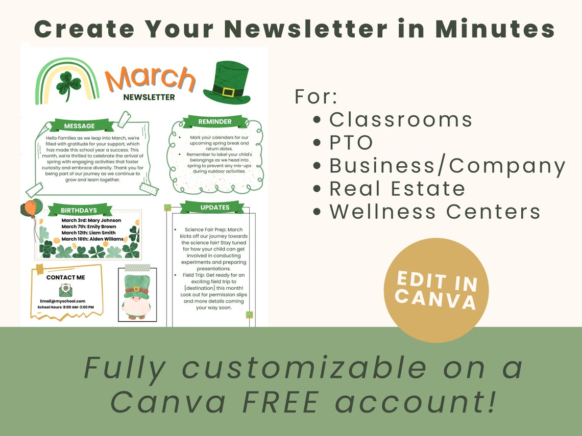 March Newsletter, March Template, Monthly Newsletter, St. Patricks ...