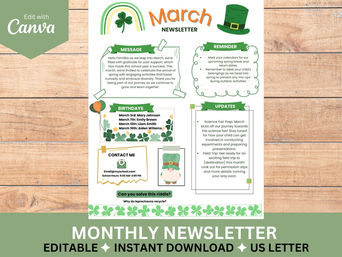 March Newsletter, March Template, Monthly Newsletter, St. Patricks ...