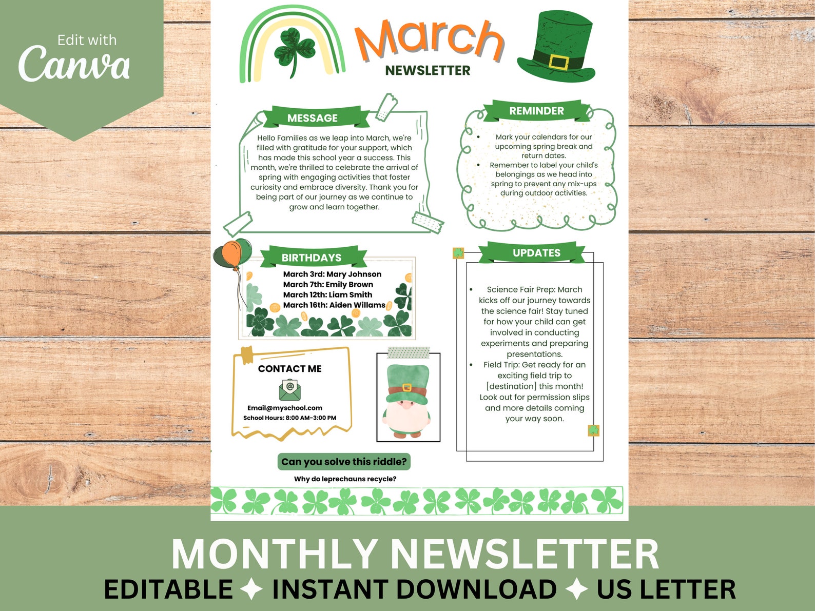 March Newsletter, March Template, Monthly Newsletter, St. Patricks ...