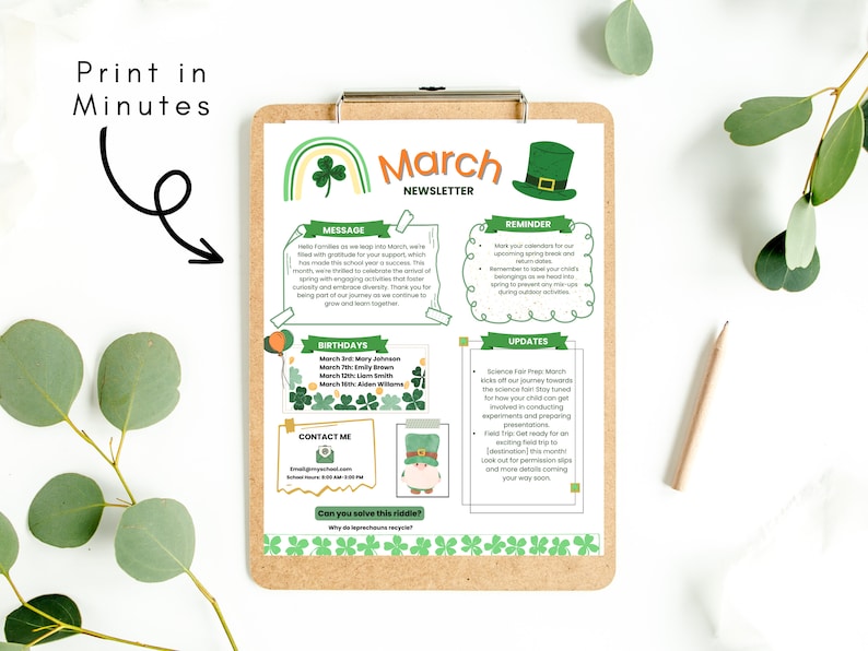 March Newsletter, March Template, Monthly Newsletter, St. Patricks ...