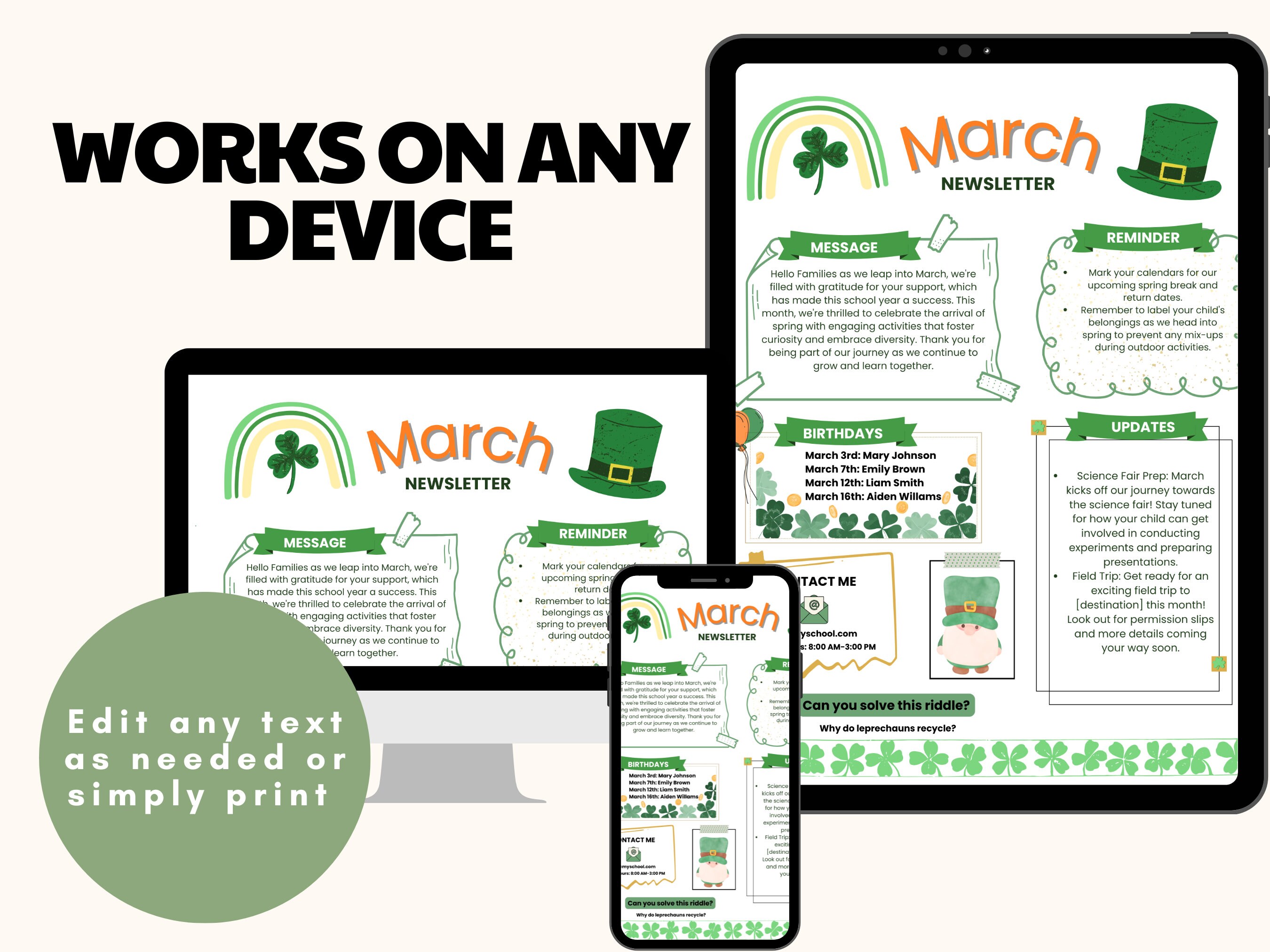 March Newsletter, March Template, Monthly Newsletter, St. Patricks ...