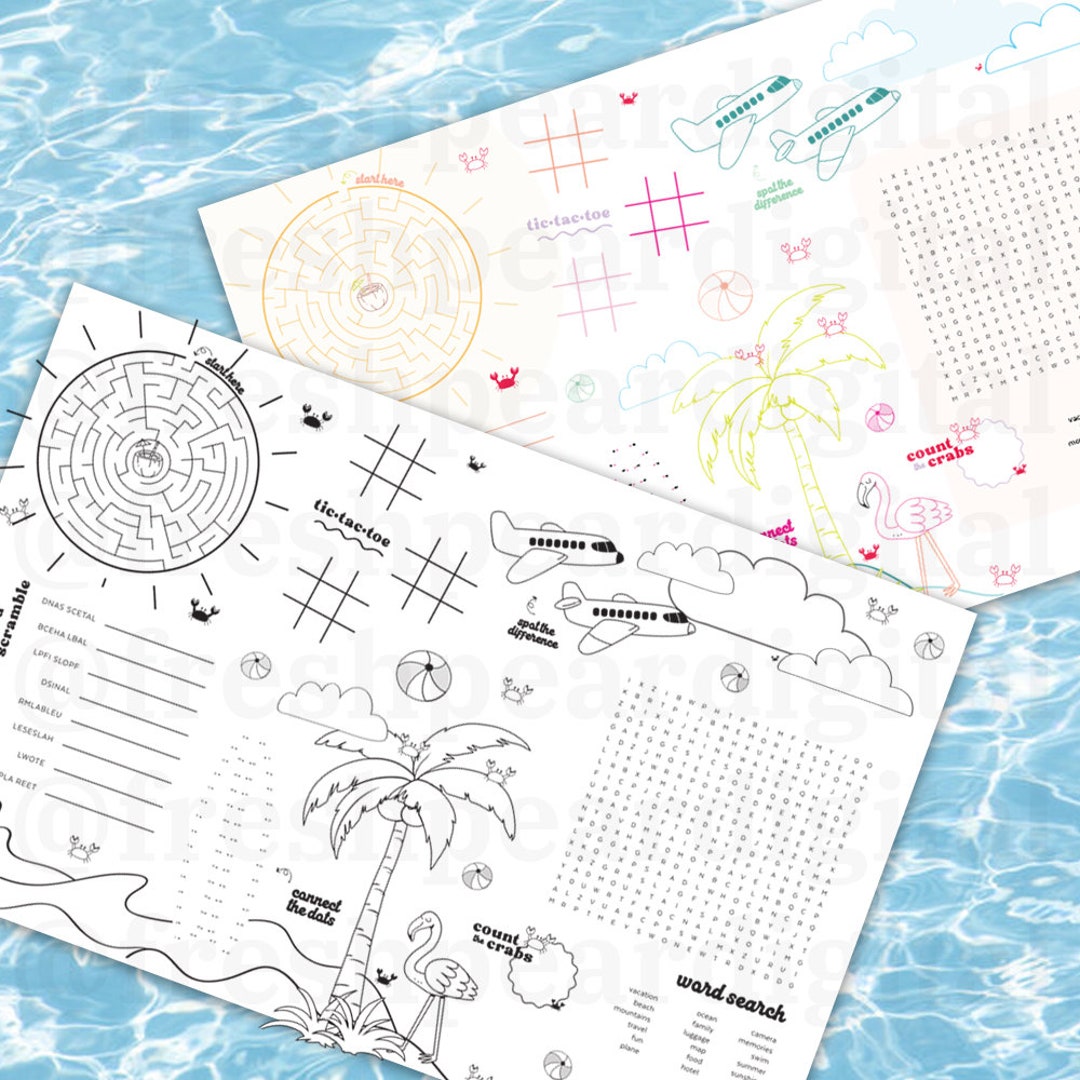 Summer Activity Placemat | Printable | Coloring | Crossword | Scramble ...
