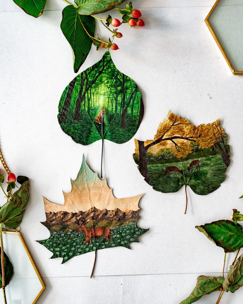 Real Leaf Acrylic Painting, Nature-inspired Art, Framed “fox of the ...