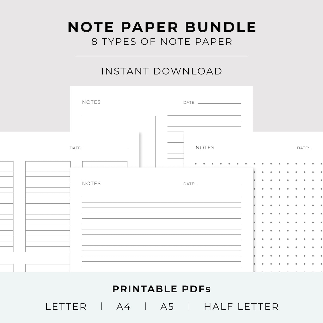 Note Paper Bundle | Printable PDF | 8 Types of Minimal Note Paper ...