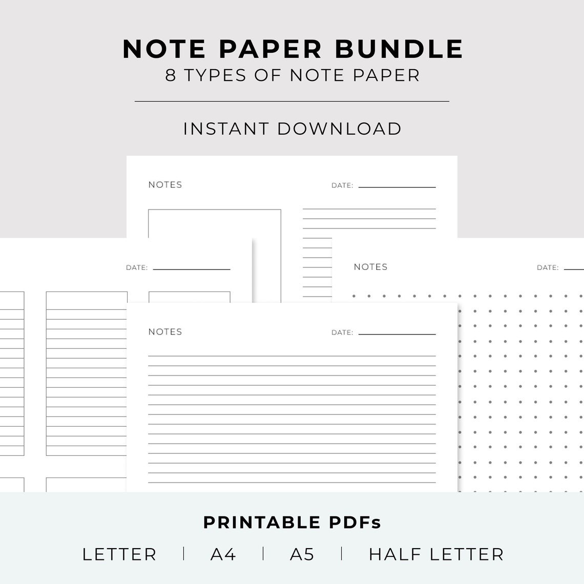 Note Paper Bundle | Printable PDF | 8 Types of Minimal Note Paper ...