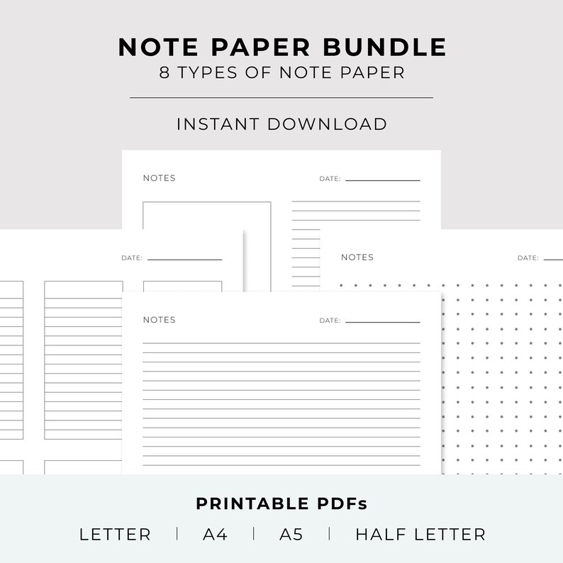 Note Paper Bundle | Printable PDF | 8 Types of Minimal Note Paper ...