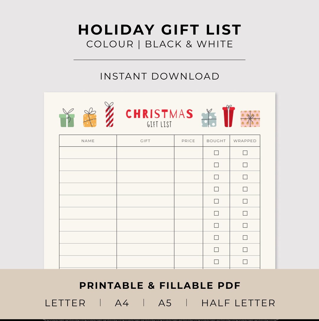 Holiday / Christmas Gift List | Minimal | Fillable & Printable PDF ...