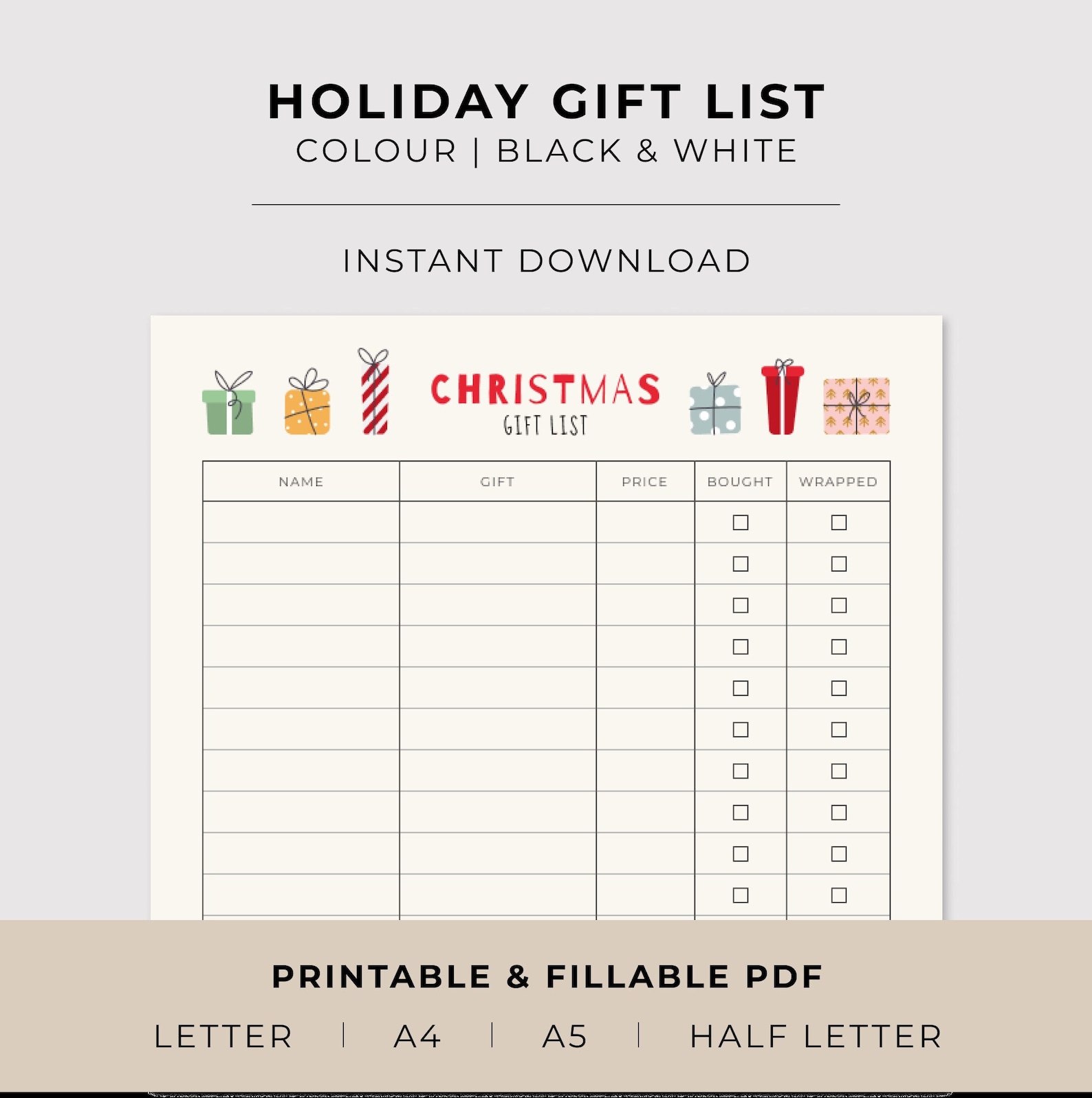 Holiday / Christmas Gift List | Minimal | Fillable & Printable PDF ...