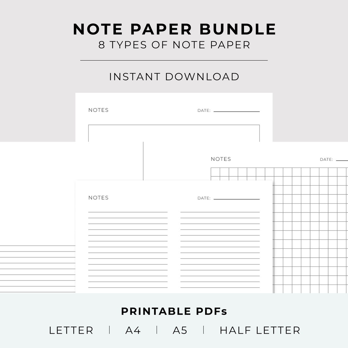 Note Paper Bundle | Printable PDF | 8 Types of Minimal Note Paper ...
