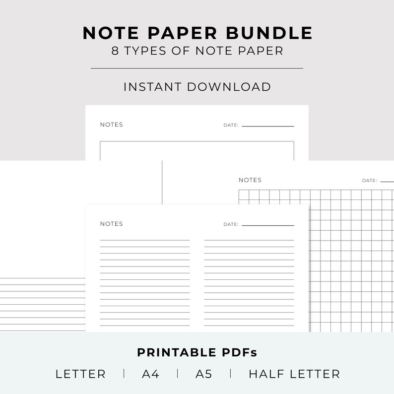 Note Paper Bundle | Printable PDF | 8 Types of Minimal Note Paper ...