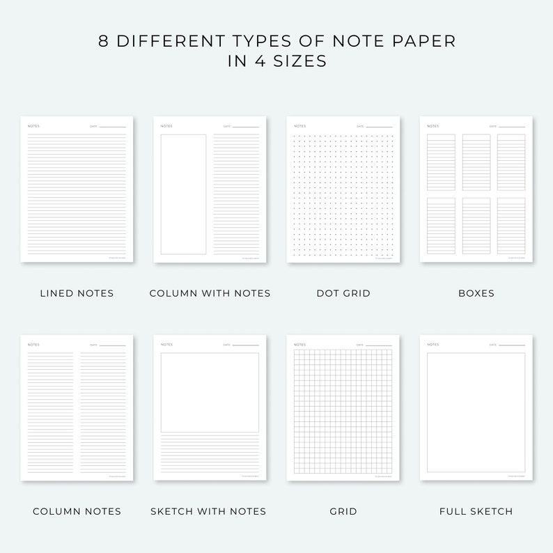 Note Paper Bundle | Printable PDF | 8 Types of Minimal Note Paper ...