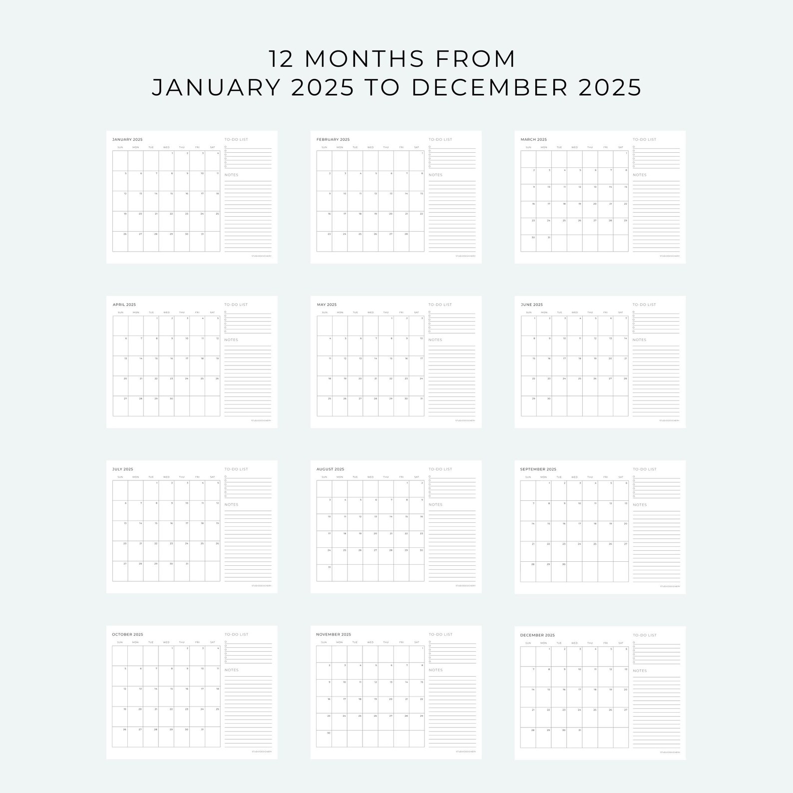 2025 Calendar With Checklist & Notes| Printable Monthly Minimal ...