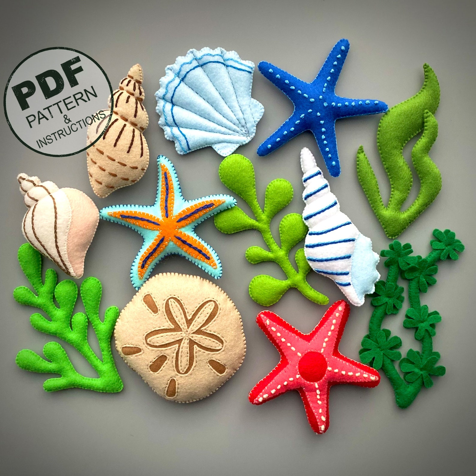Seastars, Seashells, Seaweed Sewing Pattern PDF. Felt Ocean Decor Easy ...