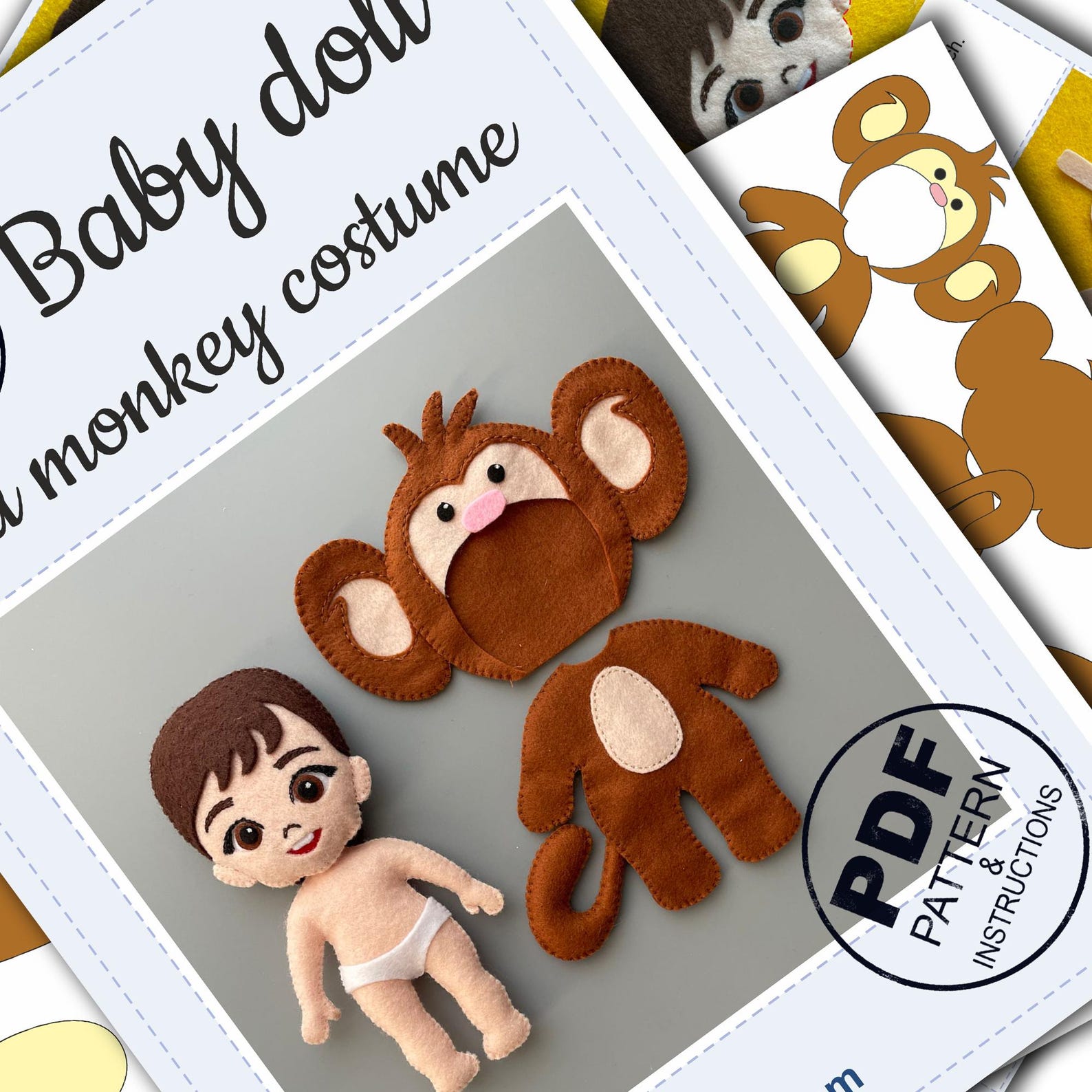 Felt Doll Sewing Pattern PDF and SVG. Monkey Pattern. Doll Clothes ...