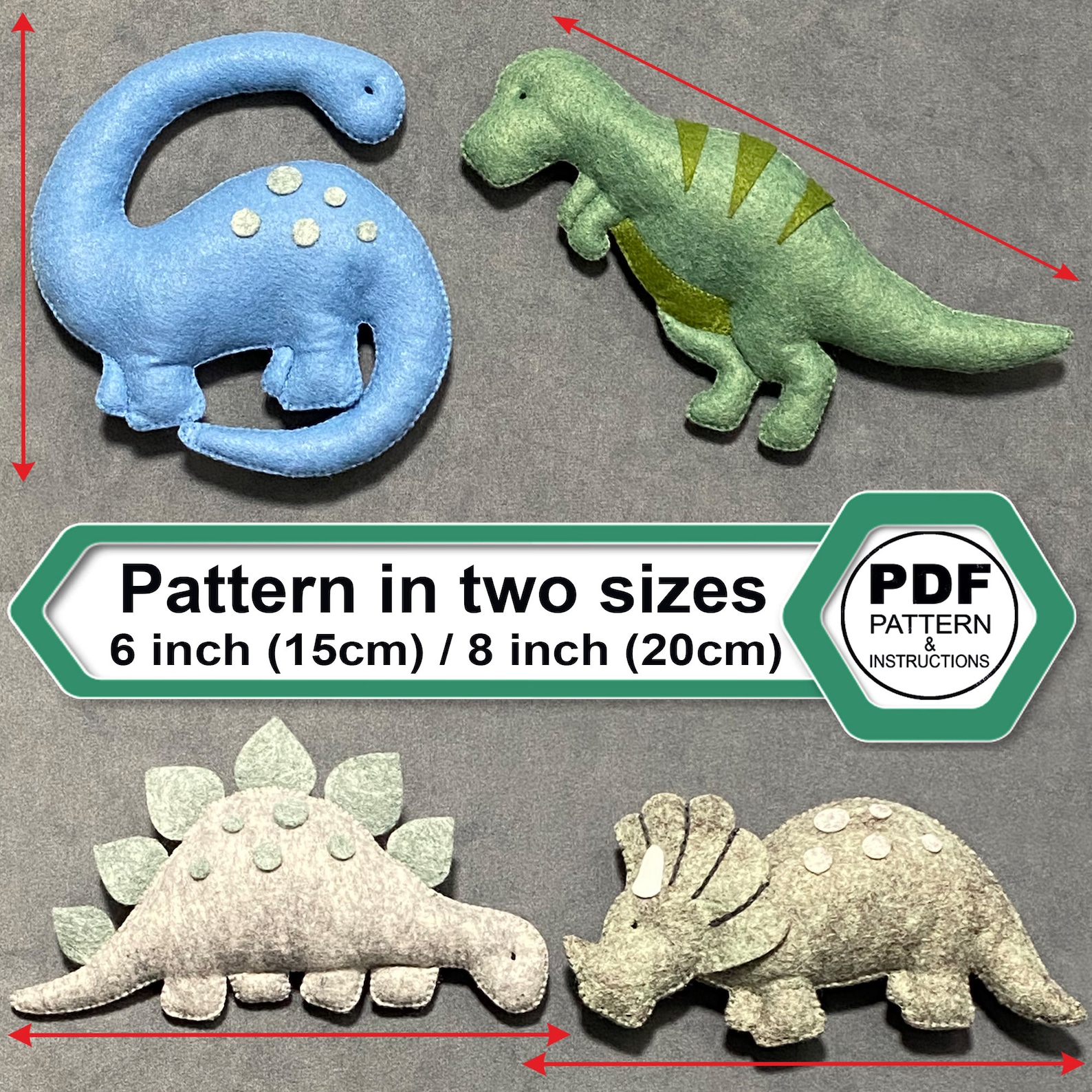 Dinosaurs Sewing Pattern PDF. DIY Felt Dinosaurs SET (T. Rex ...