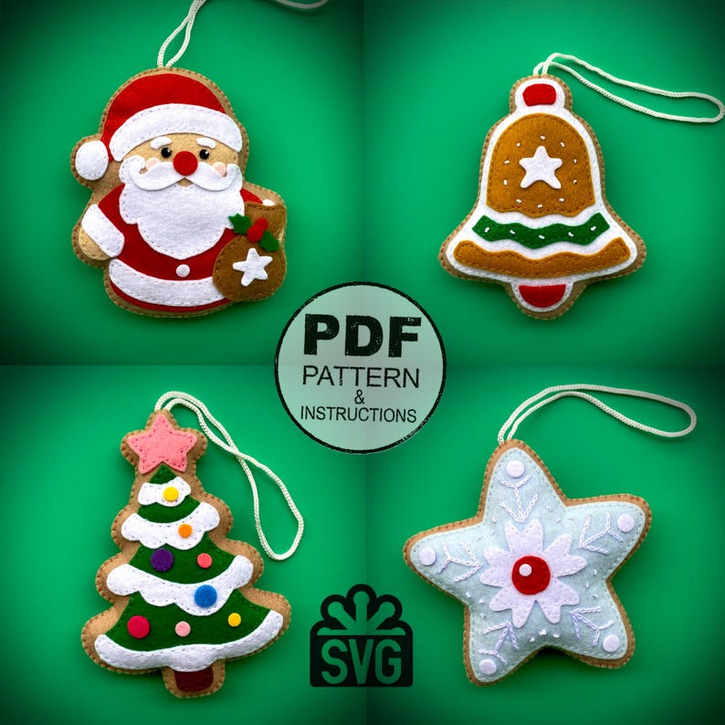 Felt Christmas Ornaments Sewing Pattern PDF and SVG. Felt Gingerbread ...