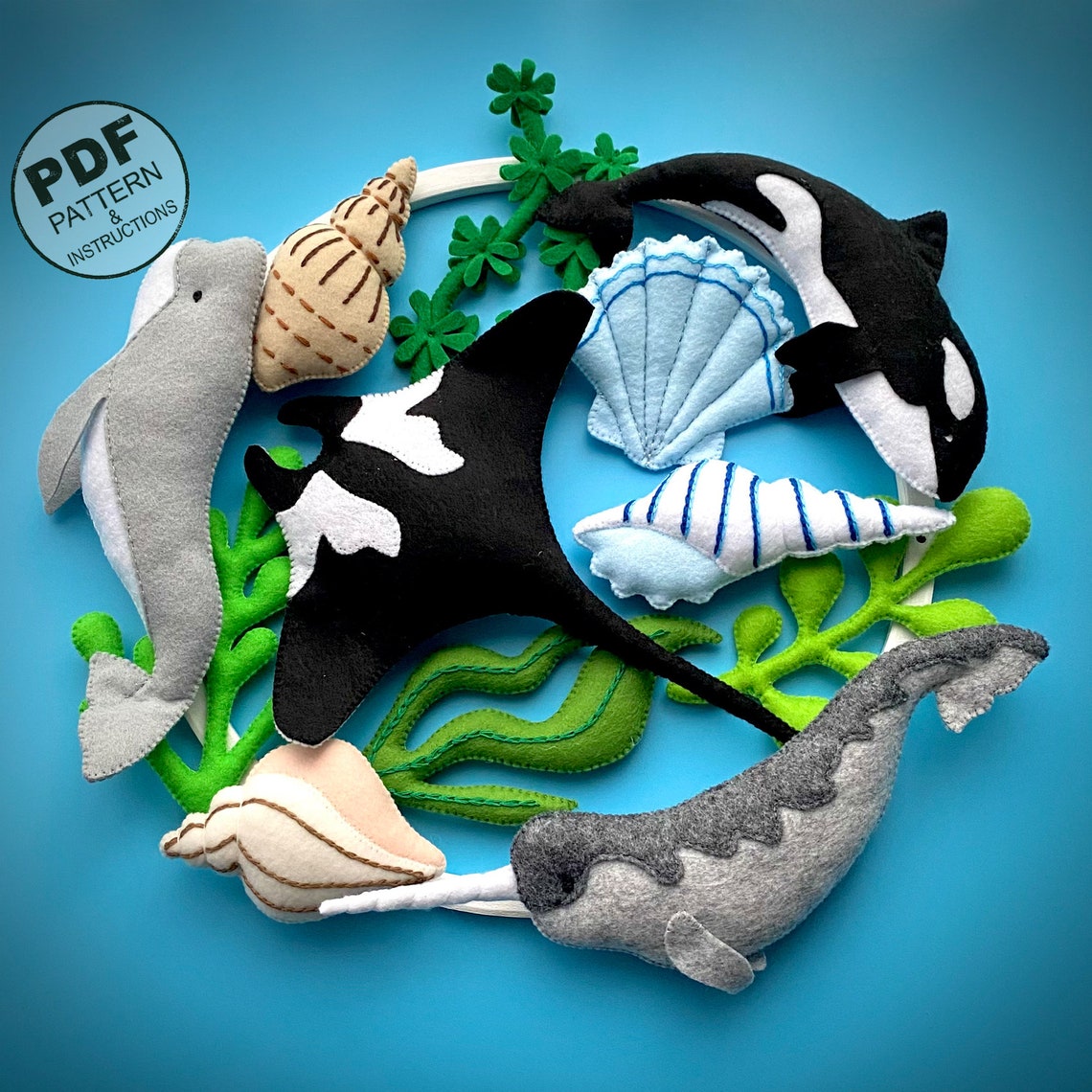 Ocean Baby Mobile PDF Schnitt, Narwal, Orca, Manta, Muscheln (Schritt ...