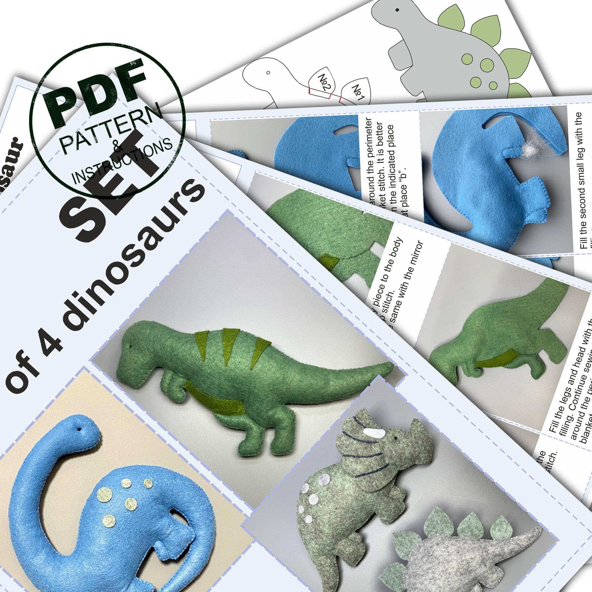 Dinosaurs Sewing Pattern PDF. DIY Felt Dinosaurs SET T. Rex ...