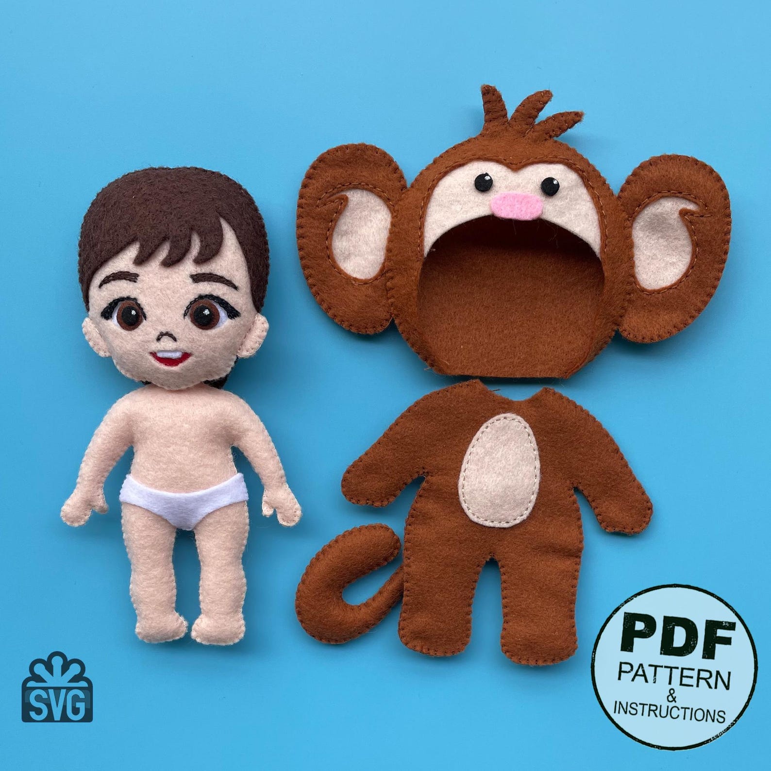 Felt Doll Sewing Pattern PDF and SVG. Monkey Pattern. Doll Clothes ...