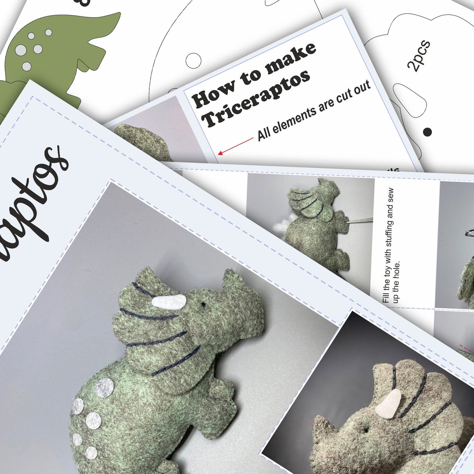 Dinosaur Sewing Pattern PDF. Felt Triceratops Sewing Pattern. DIY Felt ...