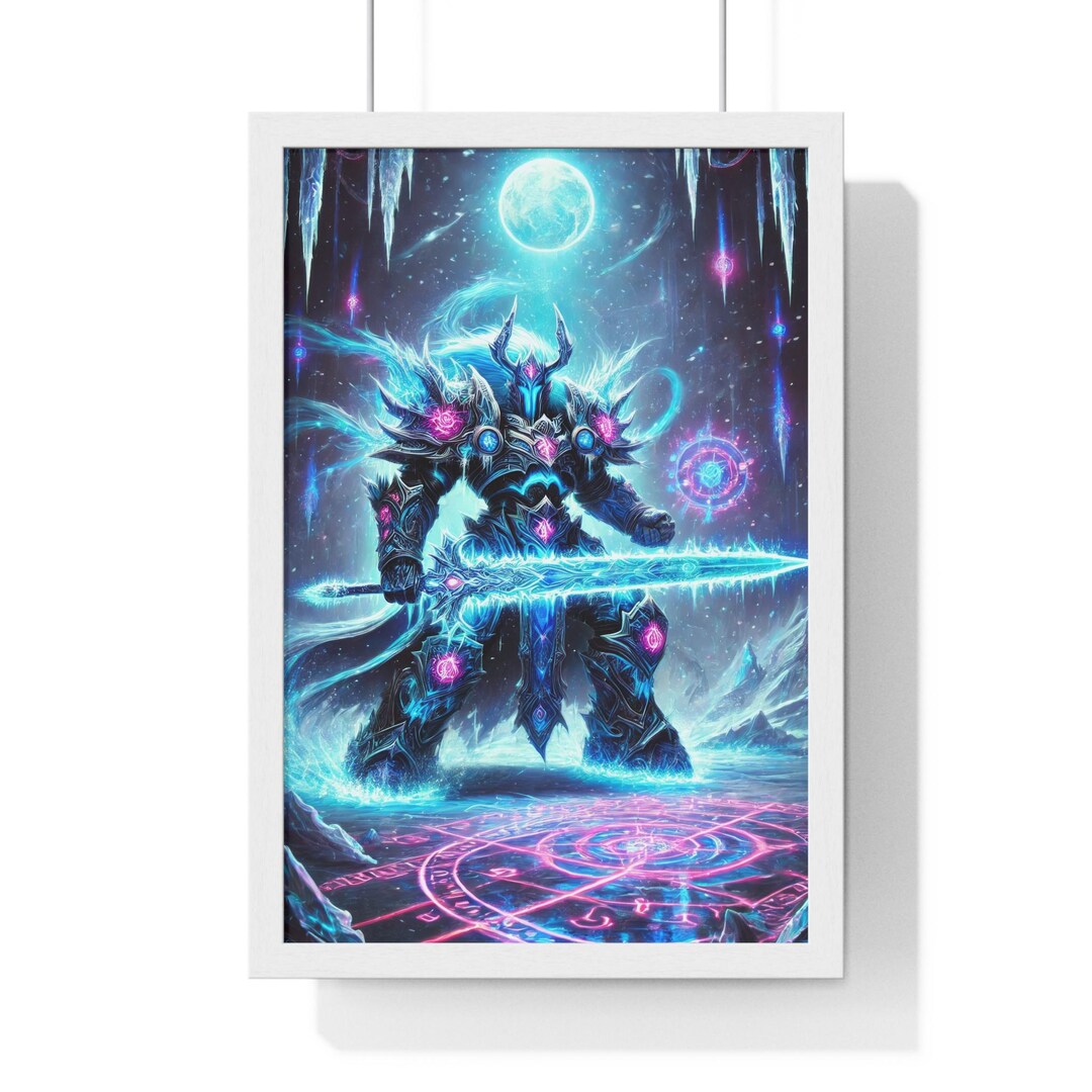 Fantasy Frost Knight Vertical Framed Poster, Enchanted Ice Armor Sword ...