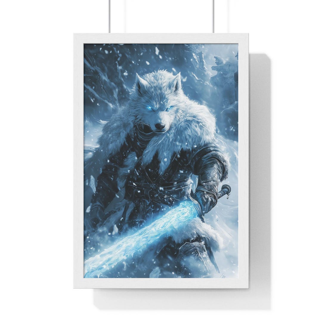 Fantasy Wolf Warrior Vertical Framed Poster, Mystical Ice Sword Art ...