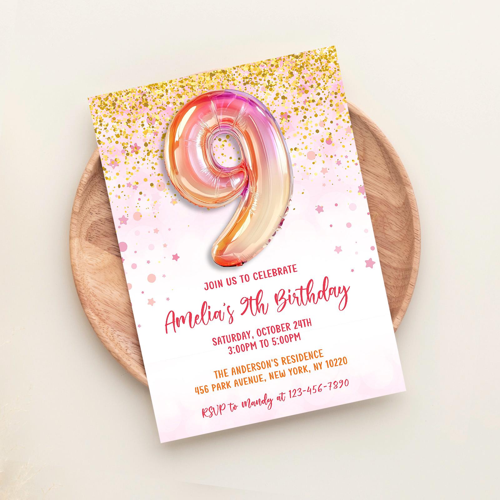Editable Girl Glitter Birthday Invite 9th Birthday Invitation Template ...