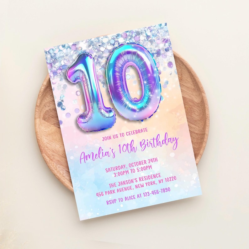 Editable Girl Glitter Birthday Invite 10th Birthday Invitation Template ...