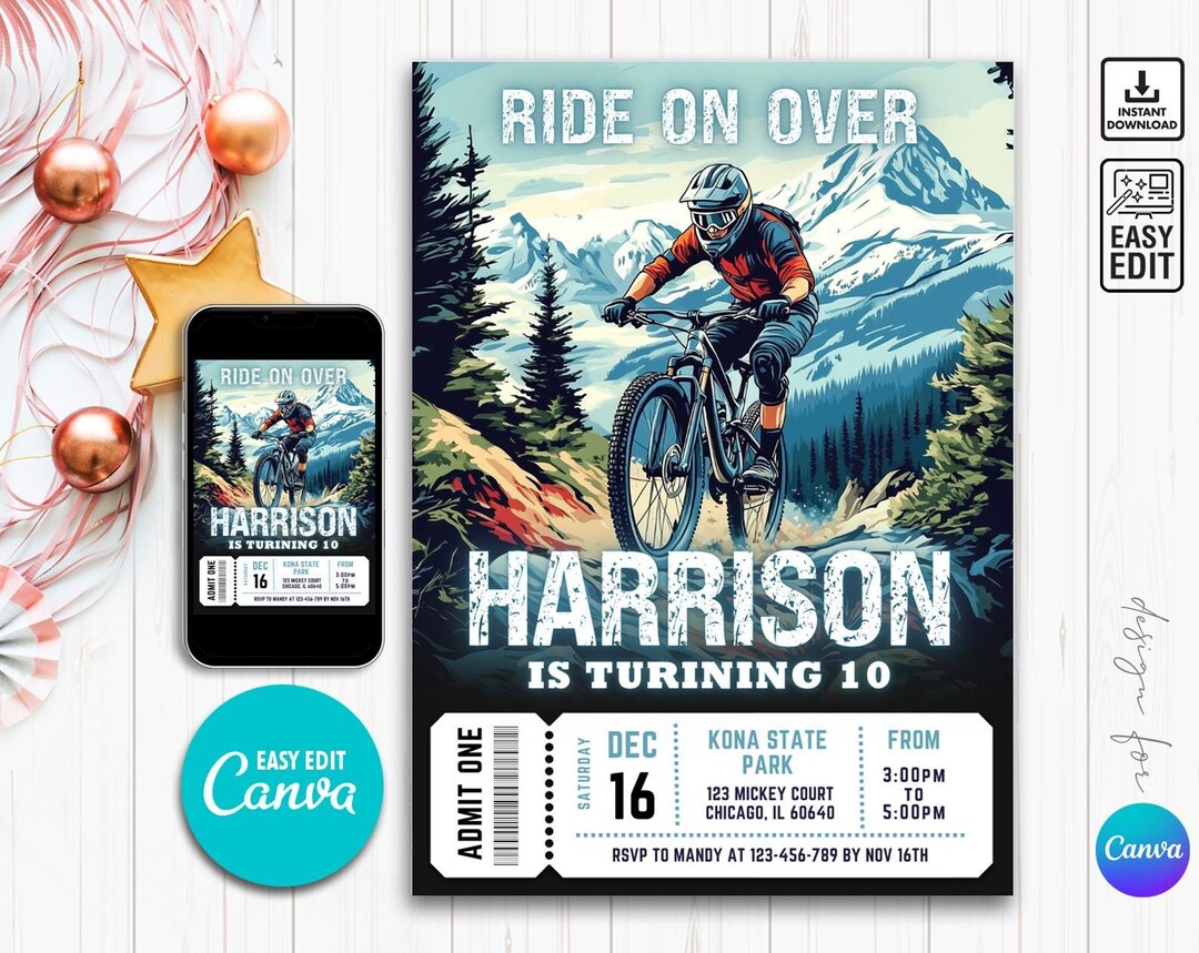 Bike Party Invitation, Mountain Bike Party Invite, Dirt Bike Party ...