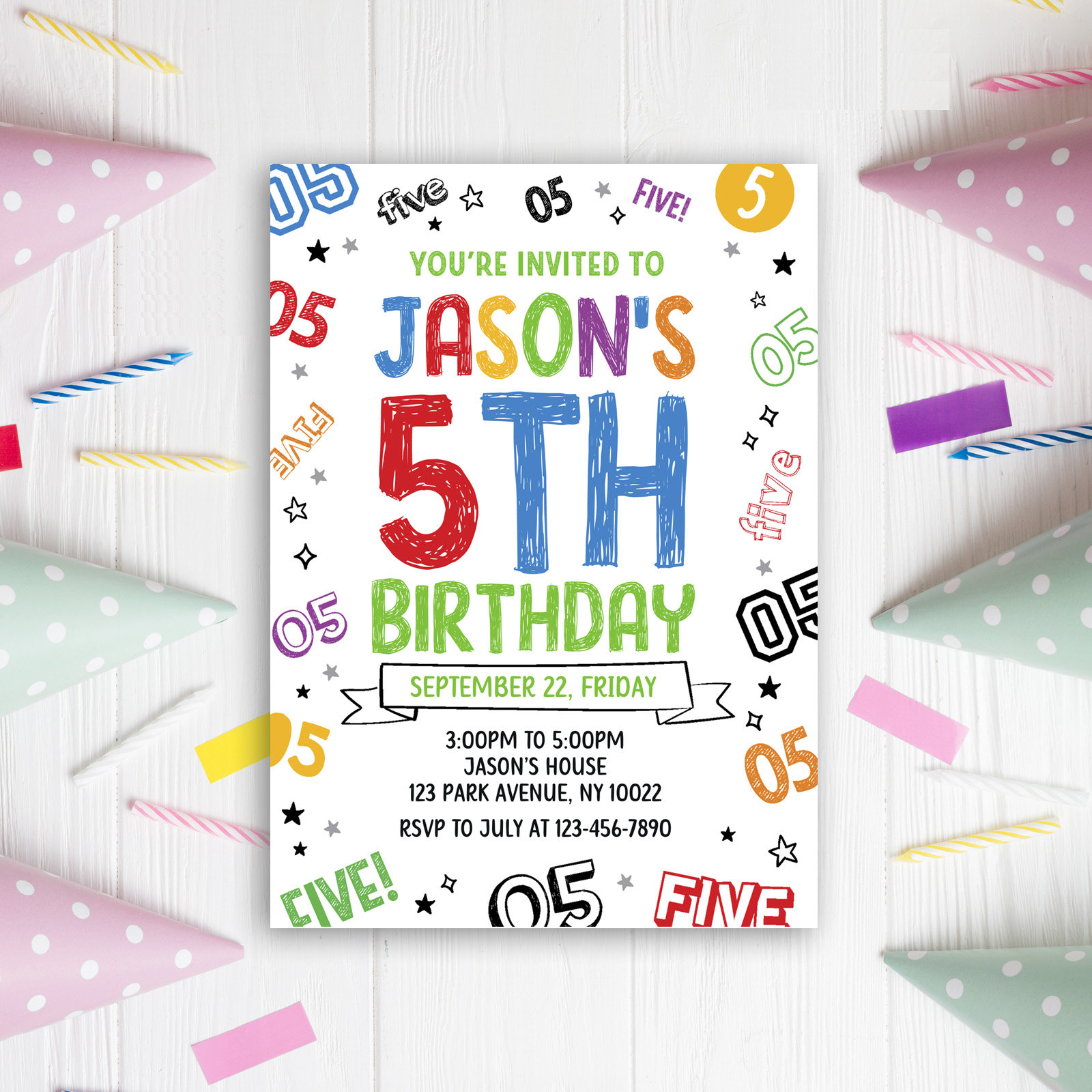 Editable Boy Birthday Invitation, Neon Birthday Invitation, 5th Boy ...