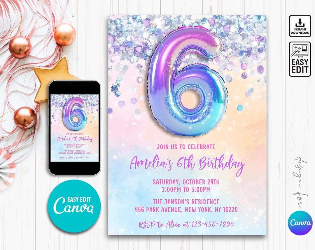 Editable Girl Glitter Birthday Invite 6th Birthday Invitation Template ...