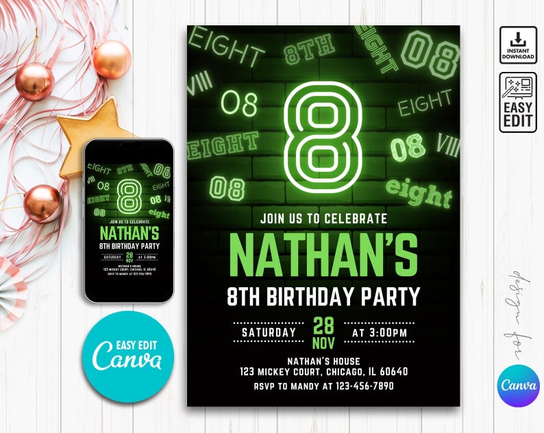 Editable Boy Birthday Invitation, Boy Invitation, 8th Boy Invitation ...