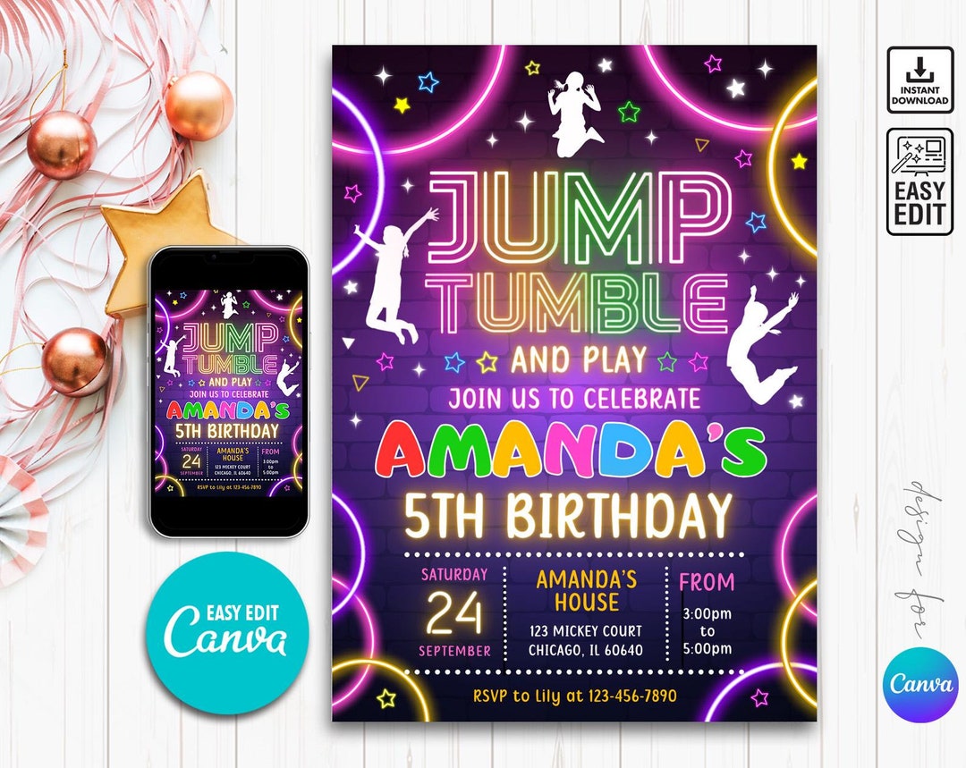 Boys Jump Birthday Invitation, Neon Glow Jump, Jump Invite, Trampoline ...