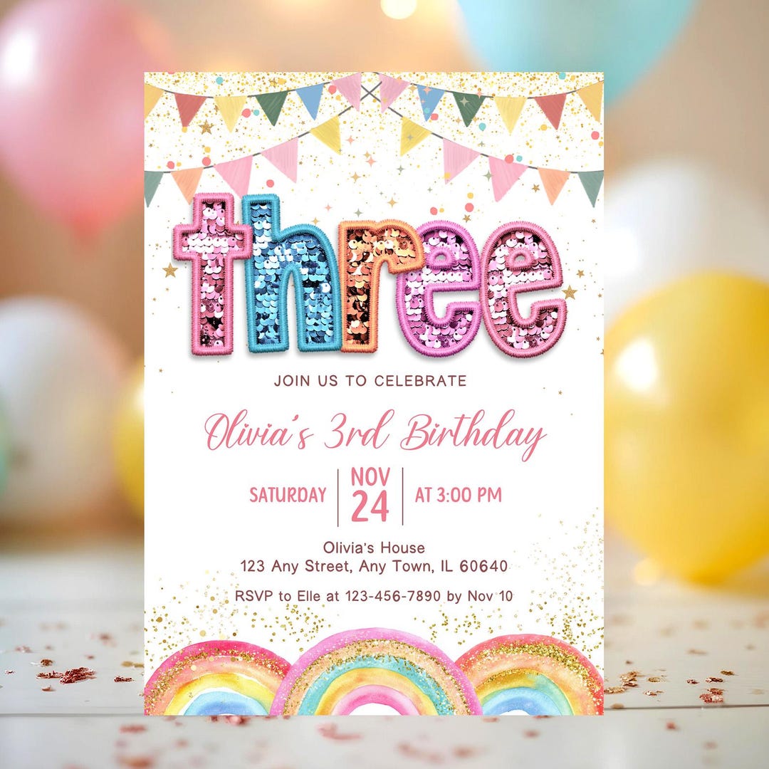 Editable Girl 3rd Birthday Invitation, 3rd Rainbow Birthday Invite ...