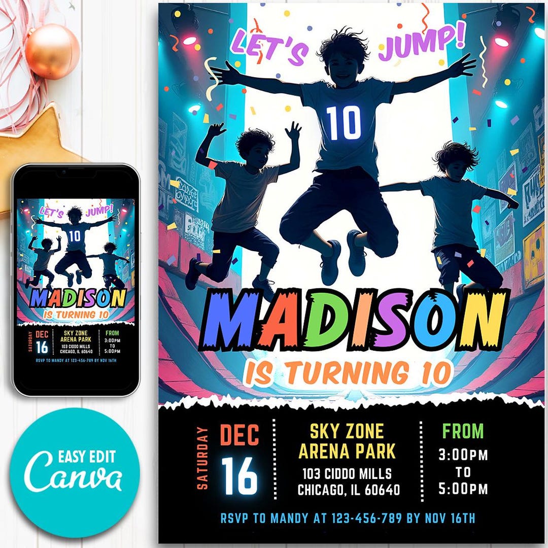 Editable Trampoline Party Invite, Bounce House Birthday Invitation ...