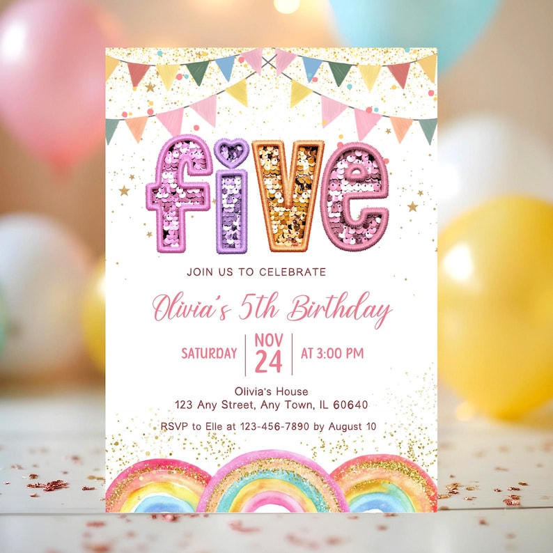Editable 5th Birthday Invitation Pink, 5th Rainbow Birthday Editable ...