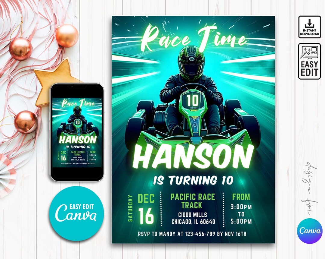Editable Boys Birthday Invitation, Go Kart Theme Invite, Race Car Party ...