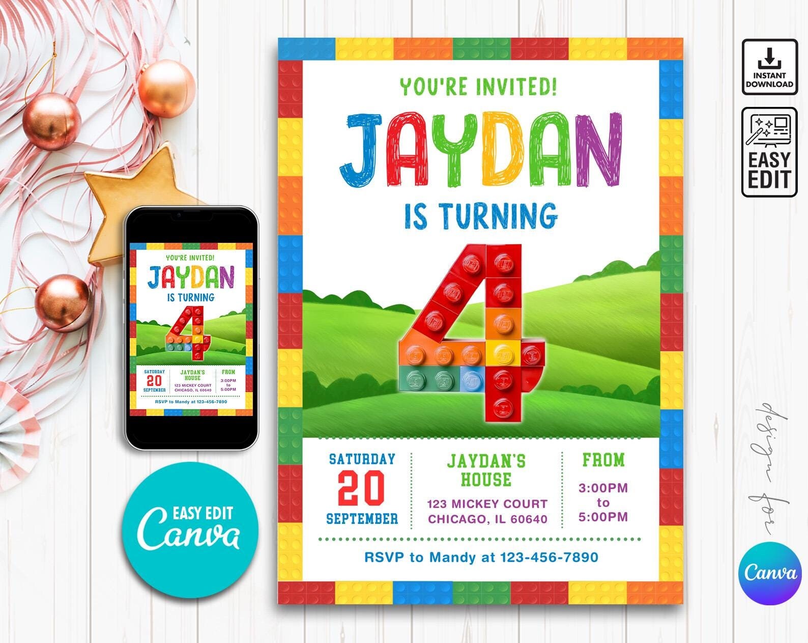 Editable Building Blocks Birthday Invitation, Kid 4th Birthday Party ...