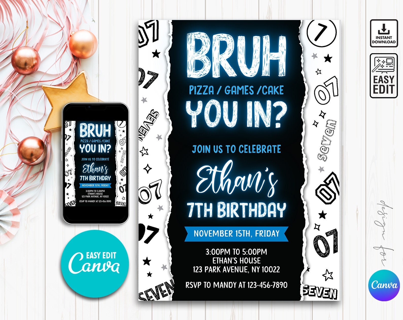Editable Boy Birthday Invitation, Boy Invitation, 7th Boy Invitation ...