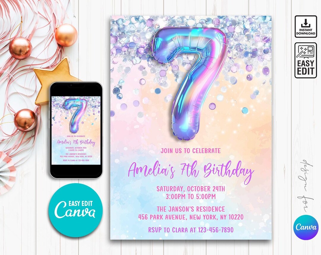 Editable Girl Glitter Birthday Invite 7th Birthday Invitation Template ...