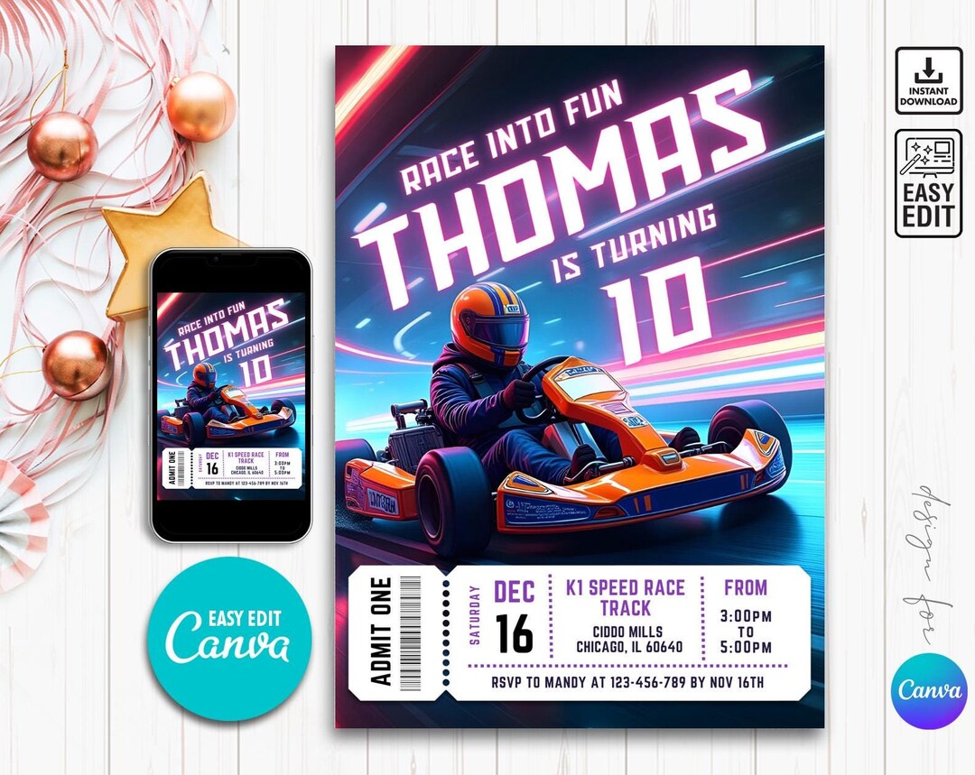 Go Kart Birthday Invitation Template, Boys Birthday Racing Birthday ...